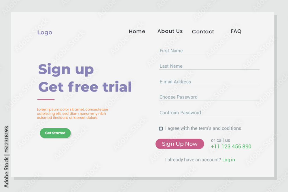 Sign up get a free trial flat website landing page concept ui design ...