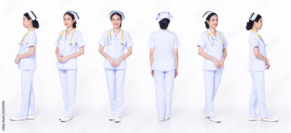 Full length 30s 20s Asian Woman Nurse hospital, 360 front side back ...