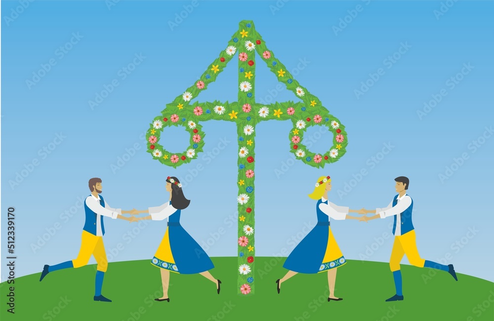Vetor de Celebrating midsummer in Sweden. Sweden is called Midsommar or ...