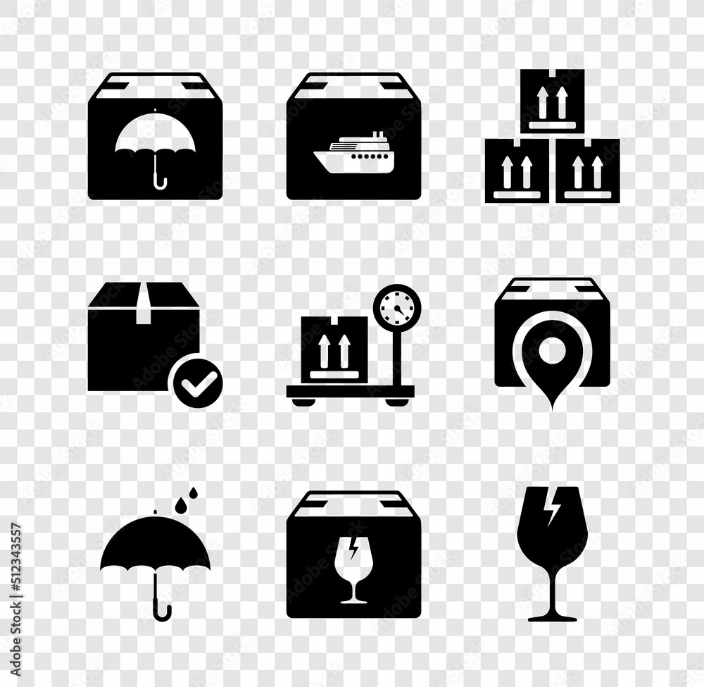 Set Delivery package with umbrella, Cargo ship boxes, Cardboard traffic, Umbrella and rain drops ...