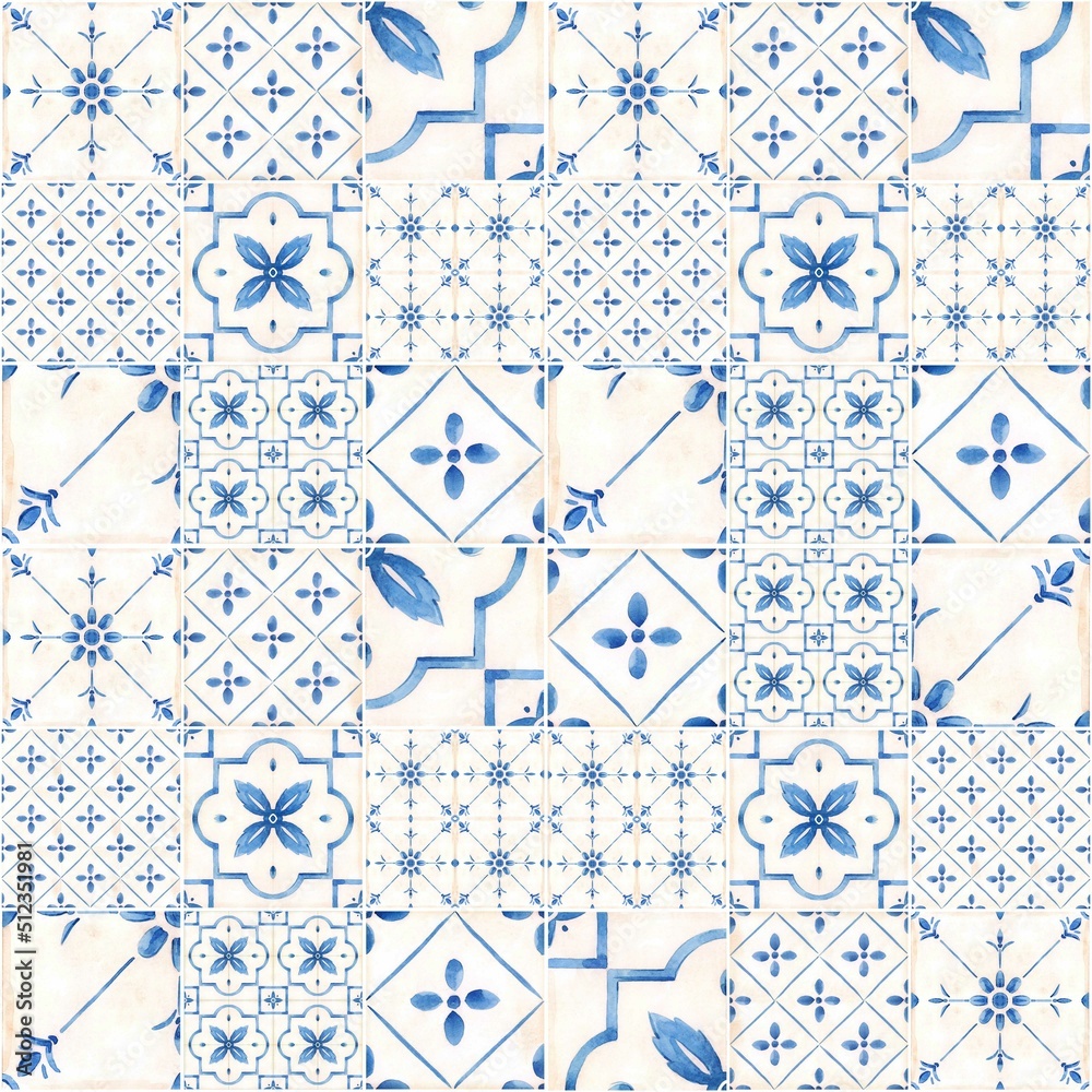 Beautiful seamless pattern with watercolor hand drawn blue dutch style ...