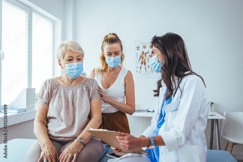 Daughter sitting with mother at her check up appointment. Professional ...