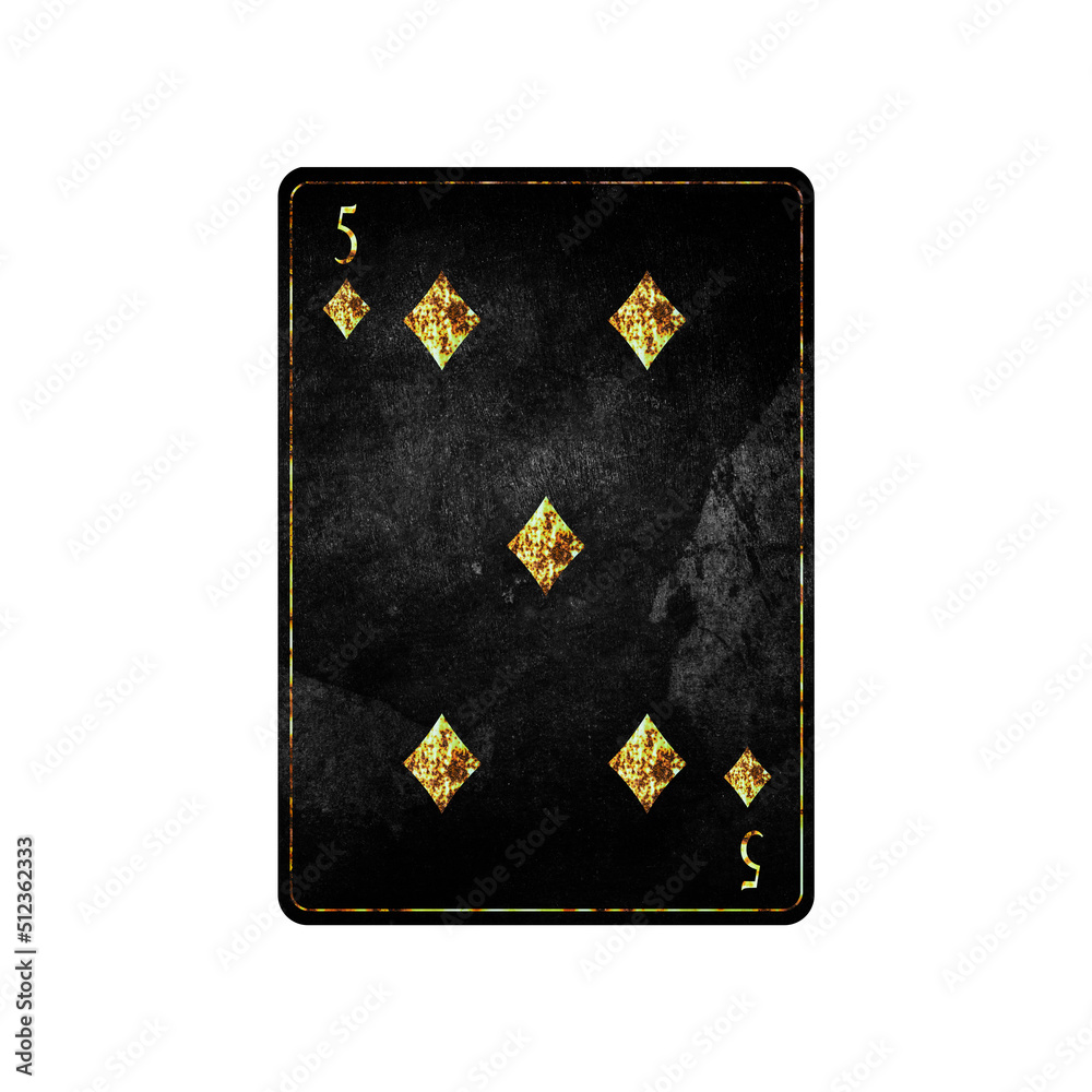 Five of Diamonds, grunge card isolated on white background. Playing ...