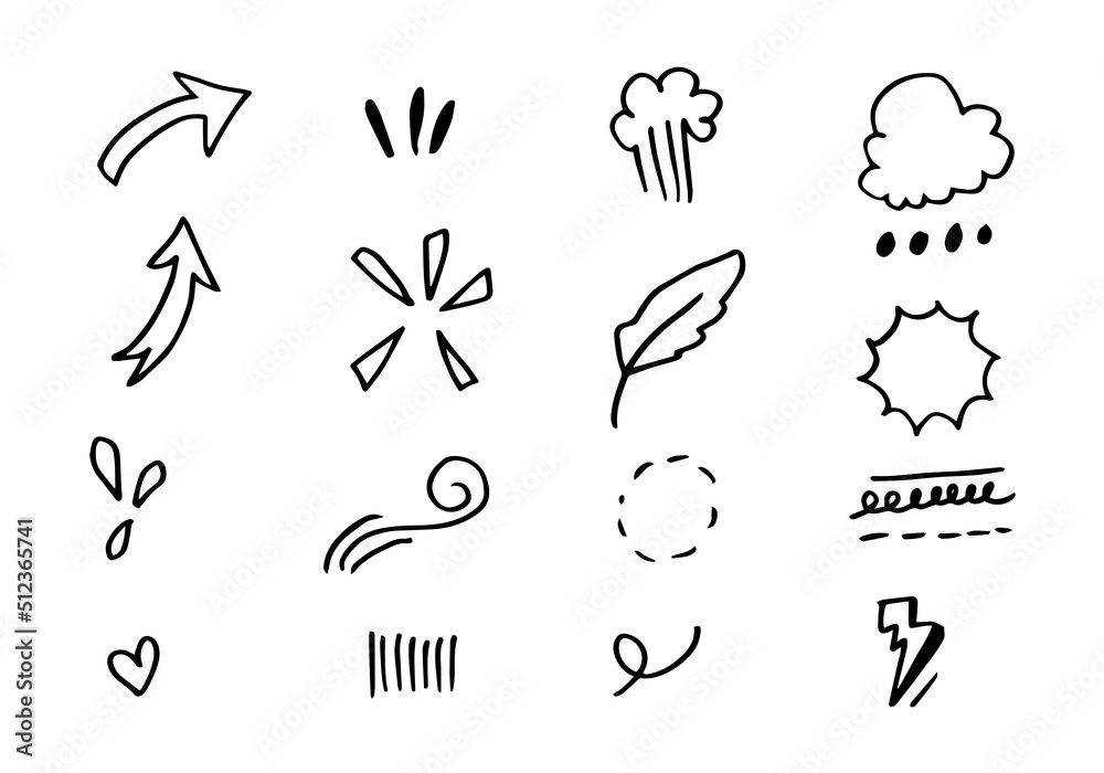 Set of cute hand drawn line scribble expression signs.emoticon effects ...