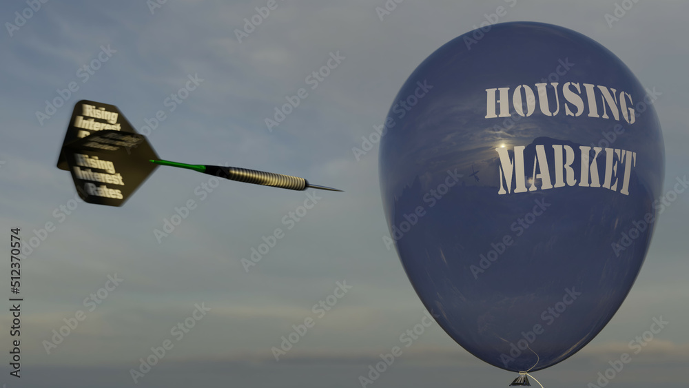 Inflated balloon labeled "Housing Market" floating high in the sky ...