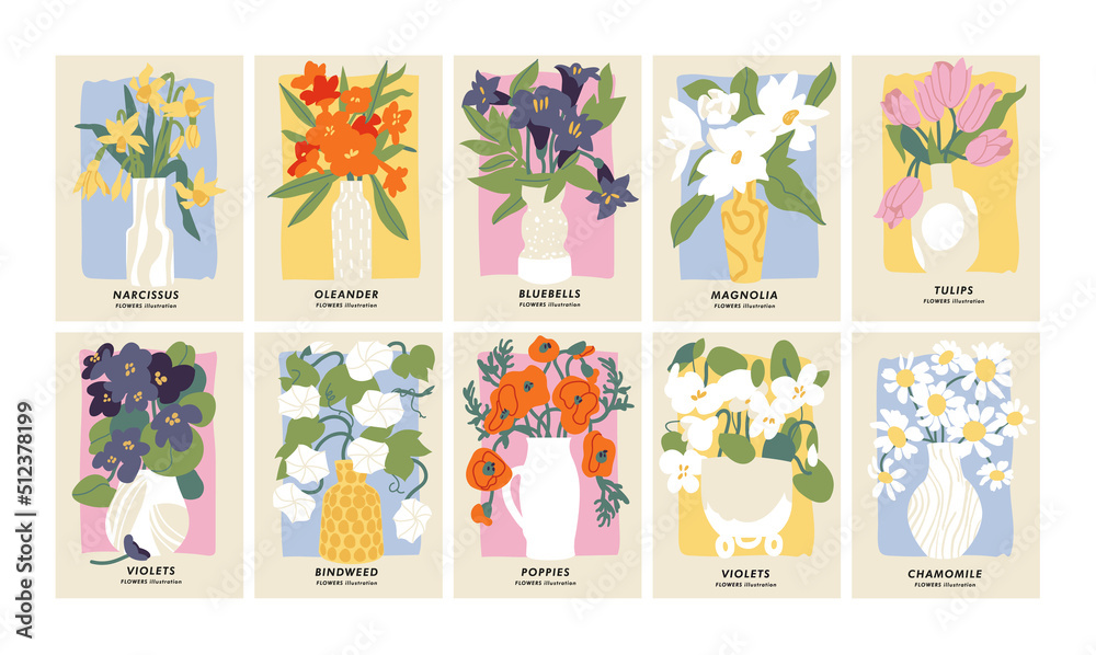 Vector illustration set of botanical posters different flowers. Art for ...