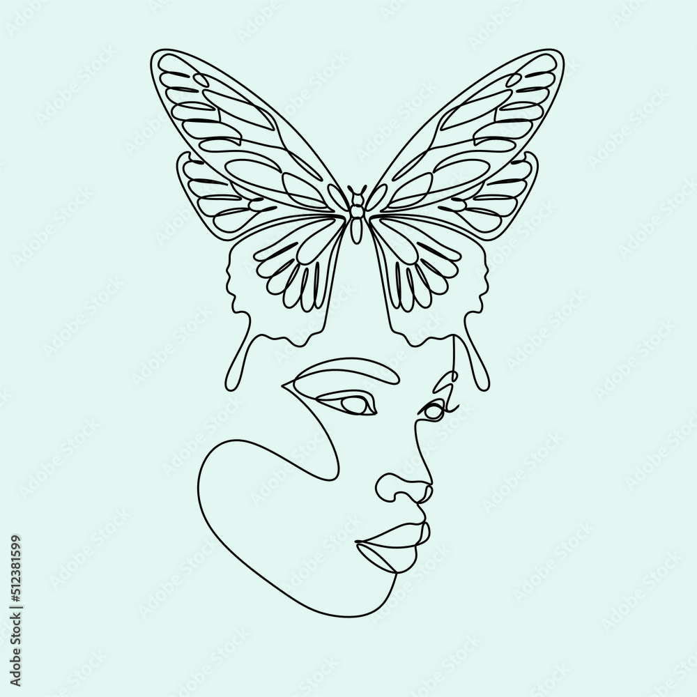 Female Head With Butterfly Line Art Hand Drawn Vector Linear