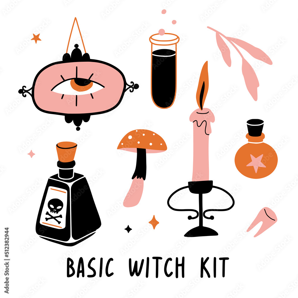 Basic witch kit. Vector magic print, card. Hand drawn flat illustration ...