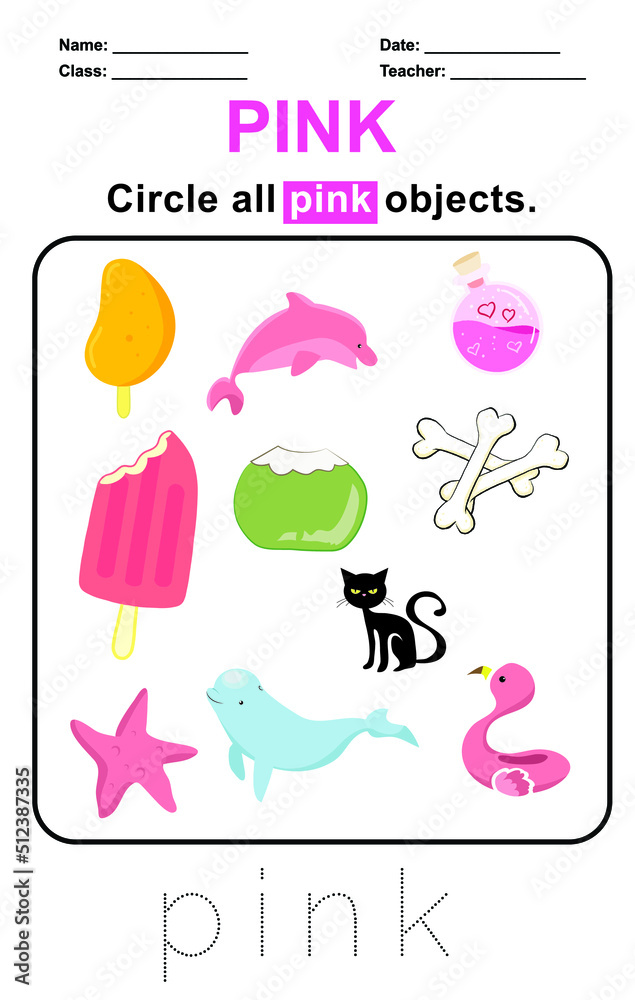 Pink color worksheet. Circle all pink objects. Handwriting practice for ...