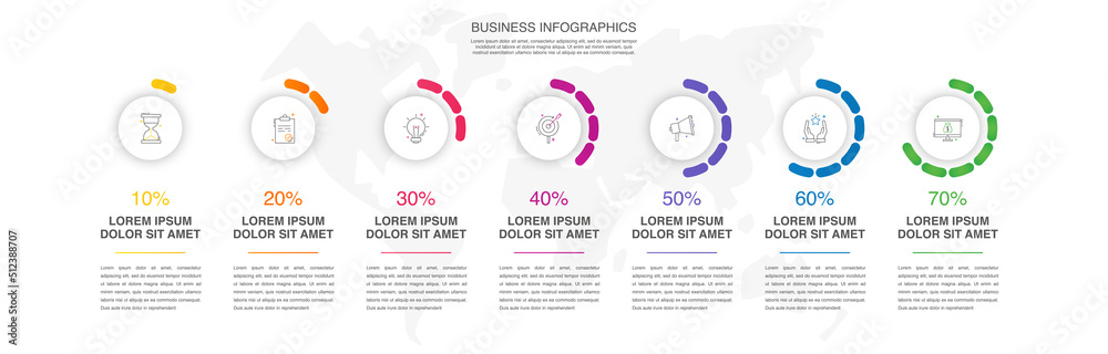 Business vector infographics with seven circles and labels. Timeline ...