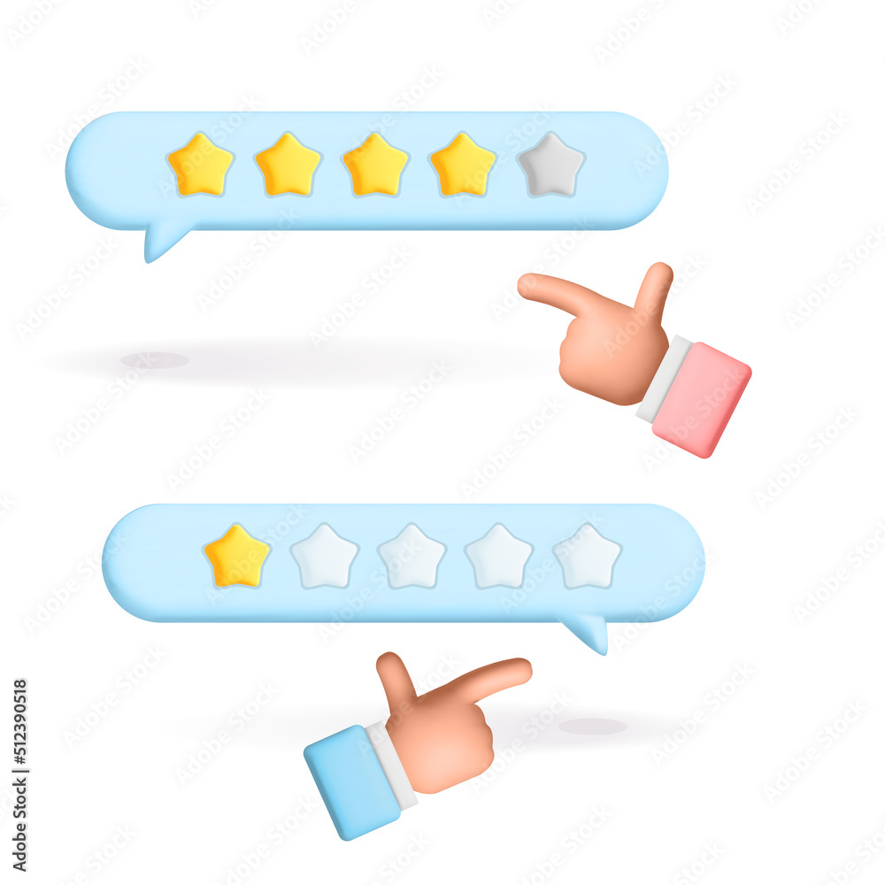 3d Vector hand pointing on survey bubble form with yellow stars Stock ...