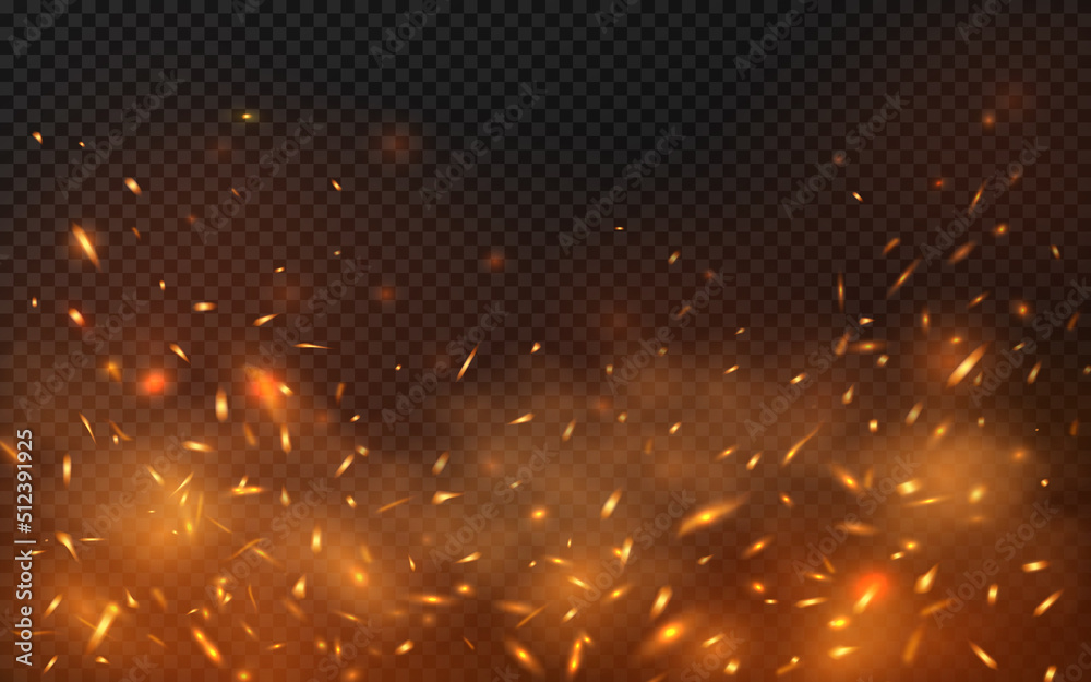 Fire sparks background on transparent. Vector hot sparks, embers ...