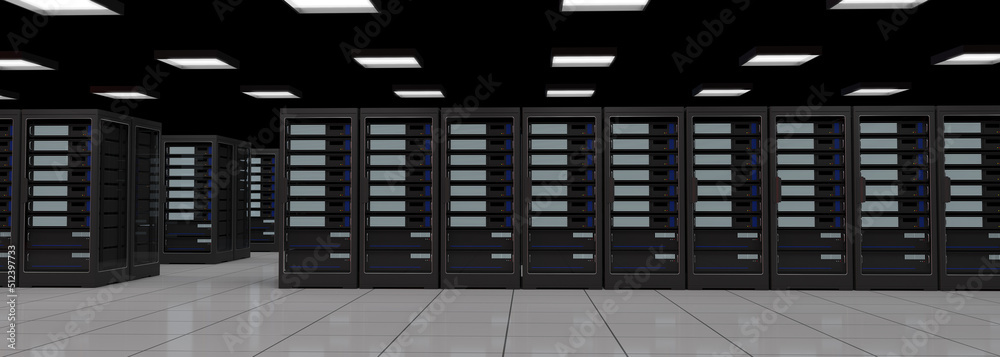 Large white room with servers in rack cabinets, computer security ...