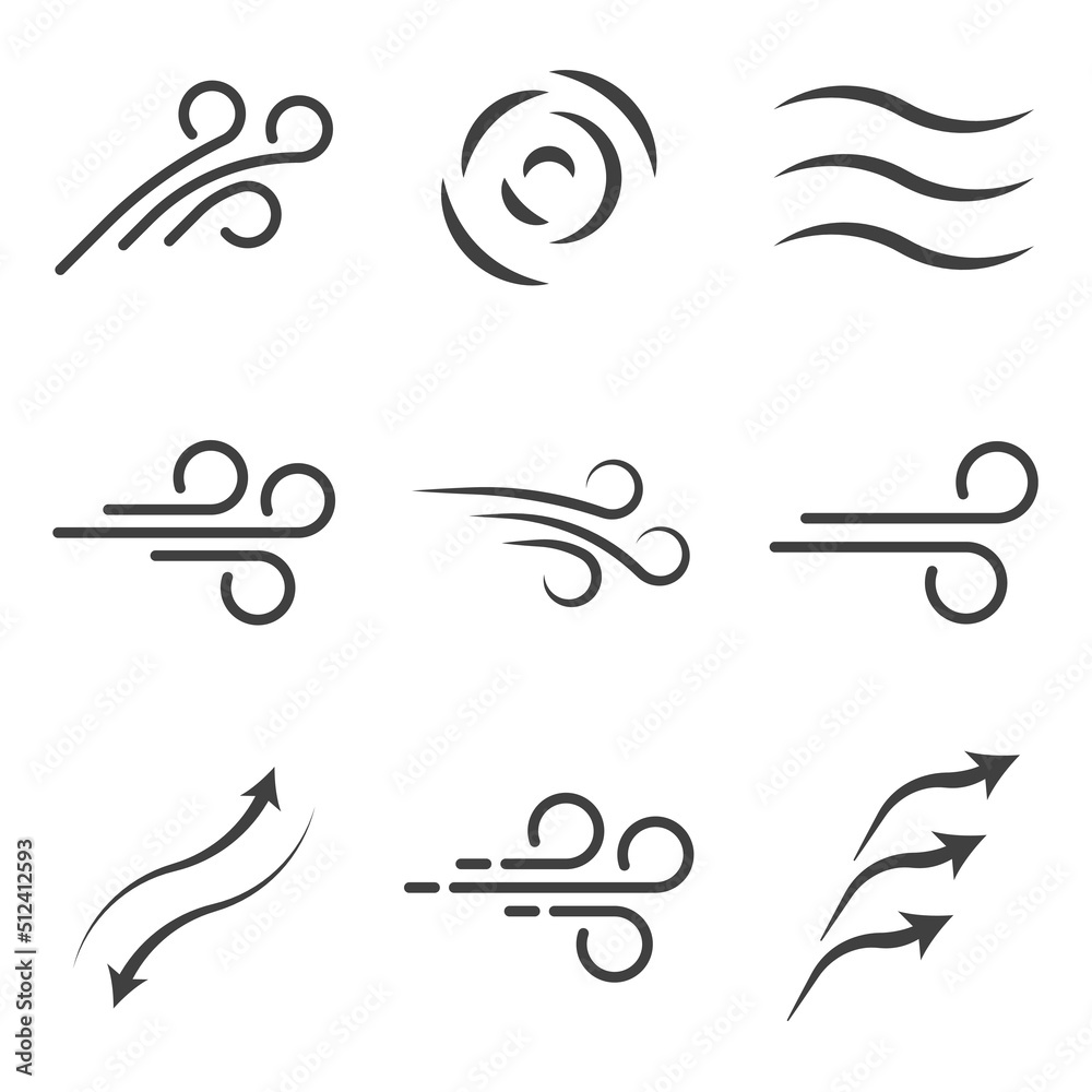 Set of icons movement of air flow, blowing, wind. Simple line drawings ...