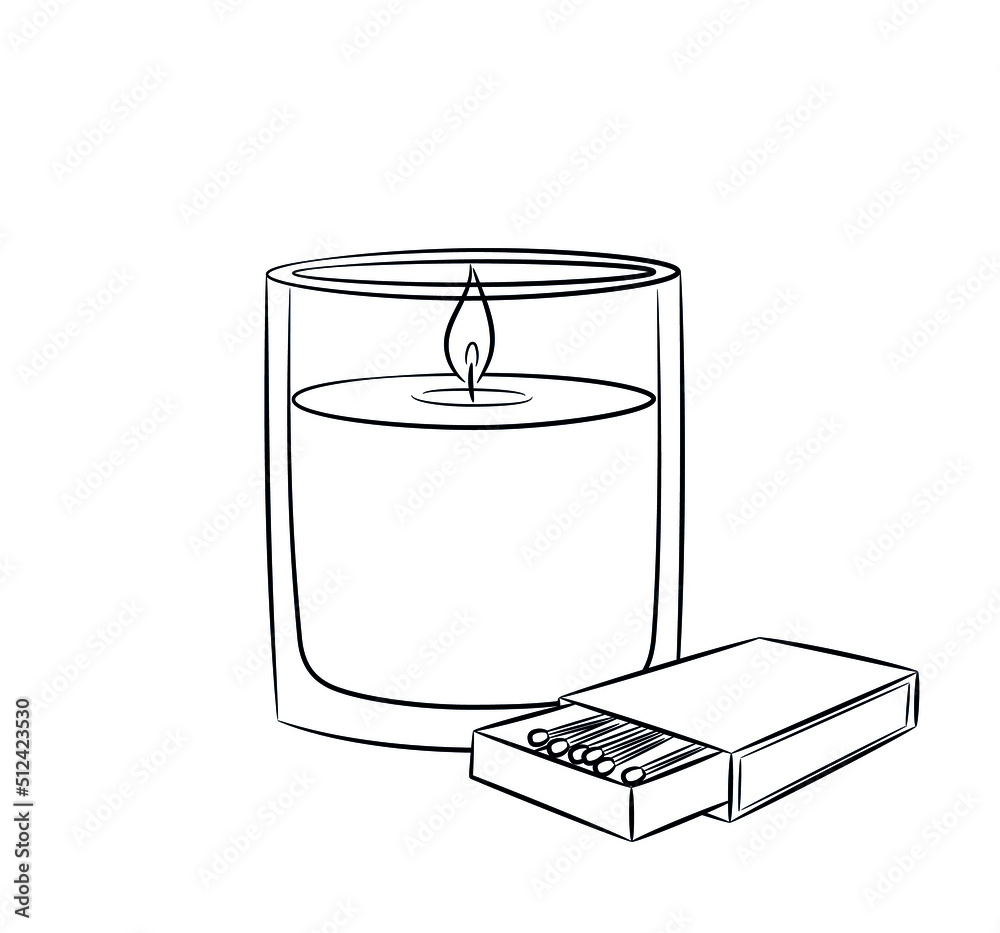 Wax candle in a glass candlestick with a wick hand drawn. Sketch in ...