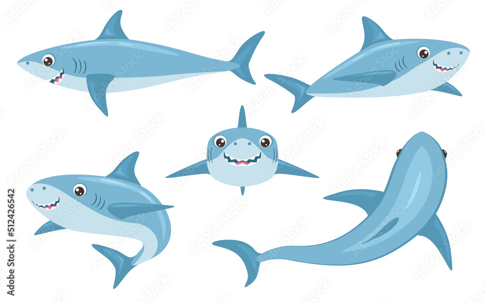 Shark funny ocean fish character set. Comic sharks emotions. Shark fish ...