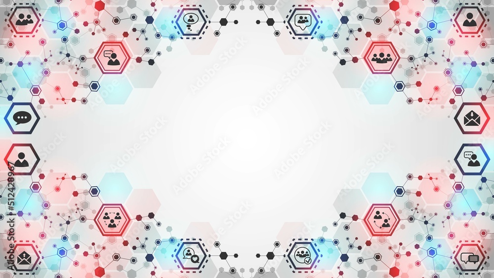 Vector background frame with icons. Symbols of people, communication ...