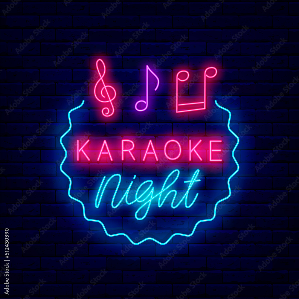 Karaoke night neon signboard. Circle wavy shape and notes. Talent show ...