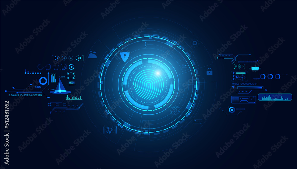 Abstract Fingerprint On Digital Blue Background Concept Safe Data Protection Hud Interface
