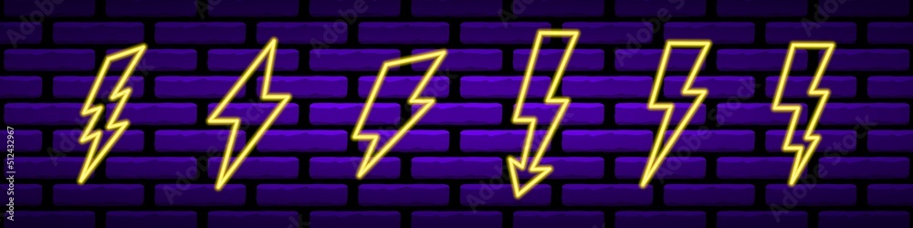 Neon yellow lightning bolts set. Glowing electrical flashes with ...