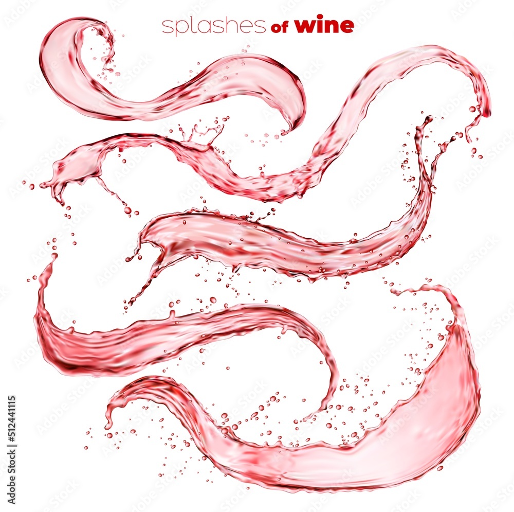 Red juice or wine wave and flow with drops, isolated wine splash swirls ...