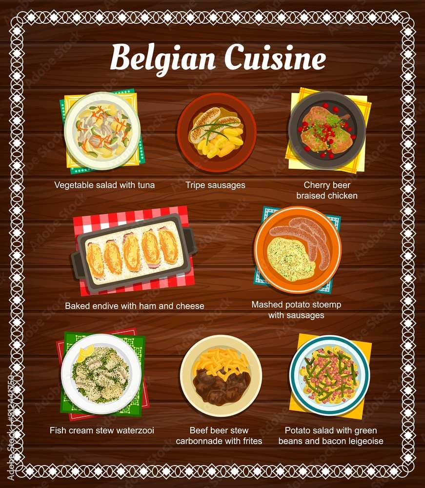 Belgian cuisine menu. Beef beer stew Carbonnade, vegetable salad with ...