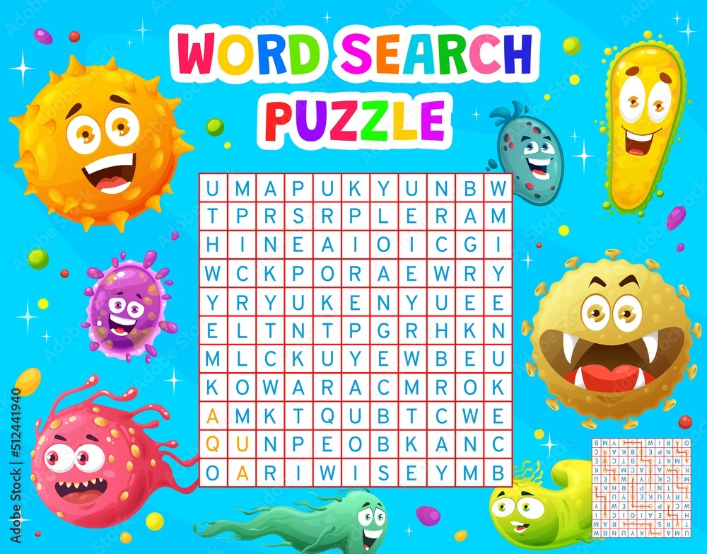 Cartoon viruses, microbes and germs on word search puzzle game ...