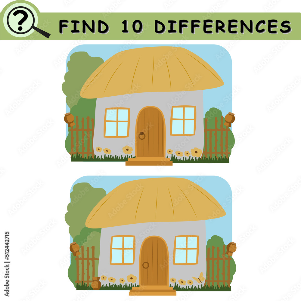 Find 10 differences. Cartoon house with wicker fence. Educational ...