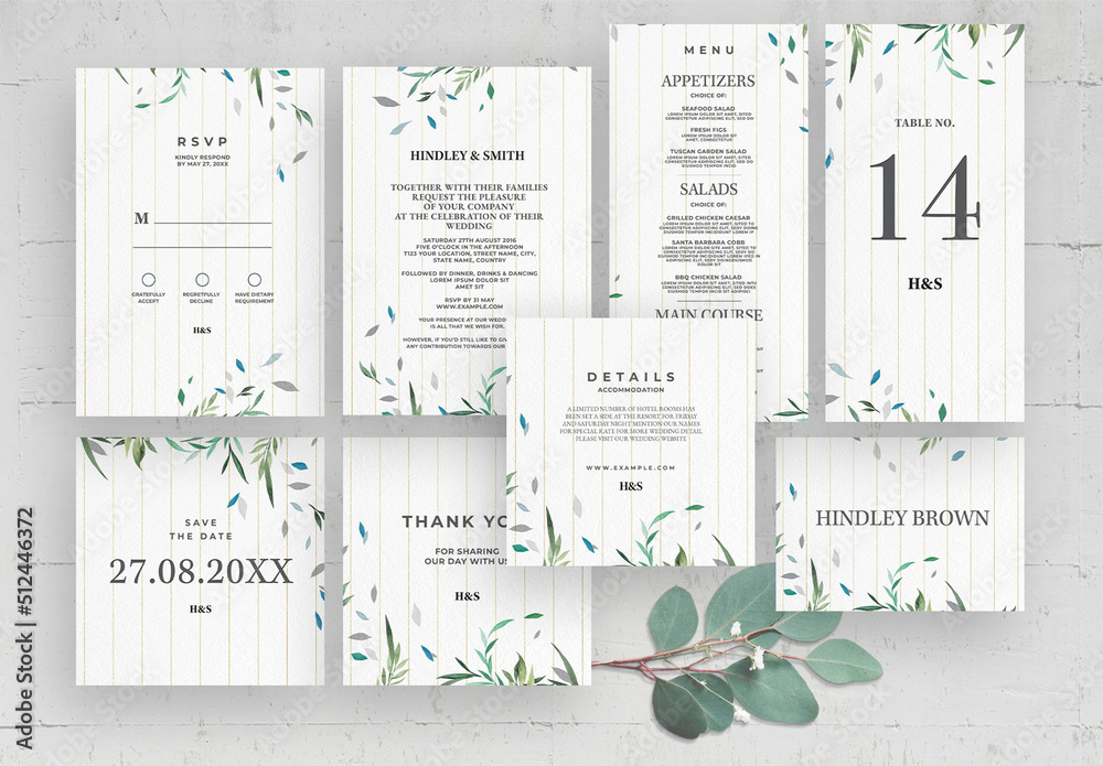 Simple Wedding Invitation Stationery with Leaves & Paper Lines Stock ...