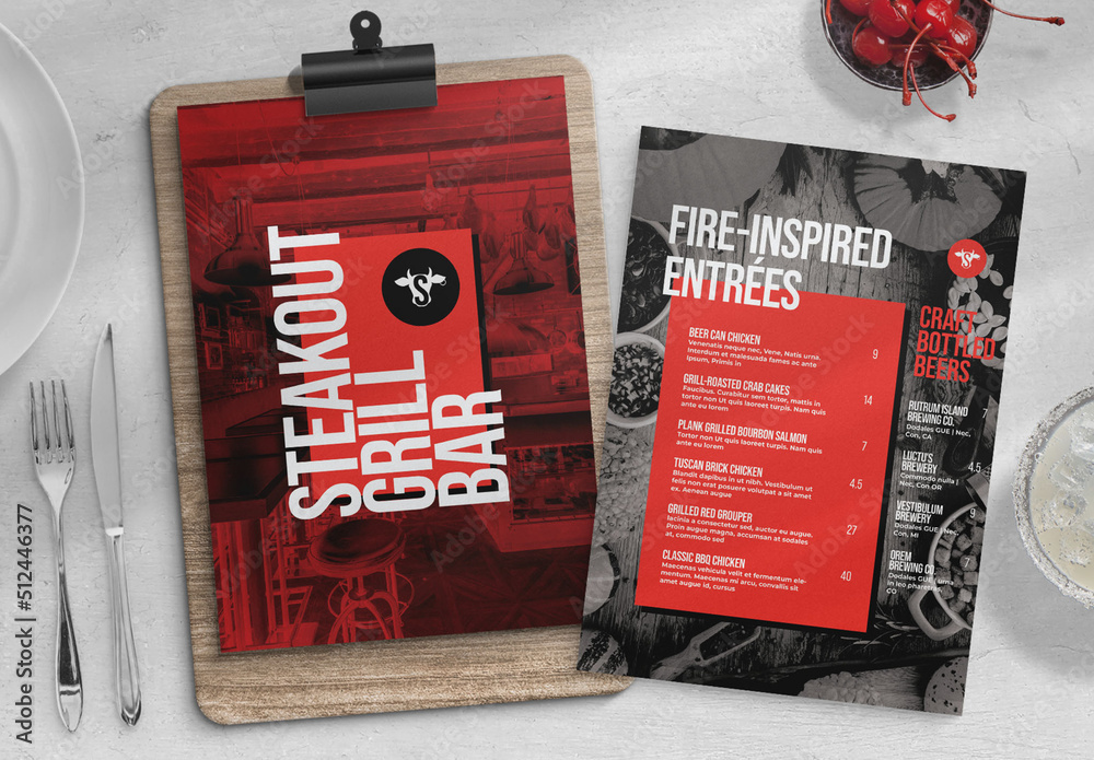 Bar Restaurant Food Menu Layout with Bold Red & Black Colors Stock ...