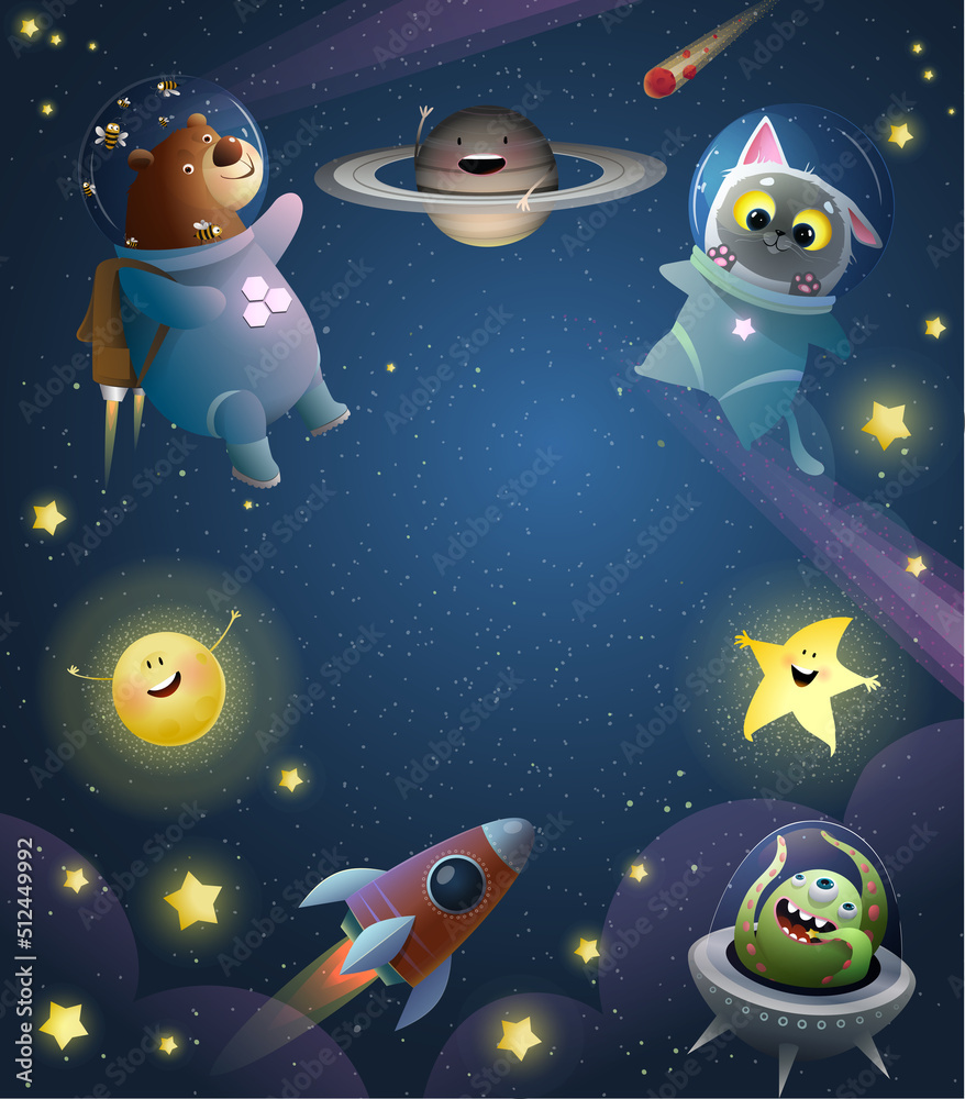 Vetor de Astronaut animals cat and bear flying in space with planets ...