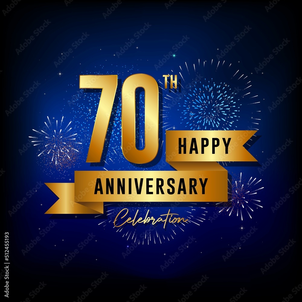70th anniversary logo with golden ribbon for booklets, leaflets, magazines, brochure posters ...