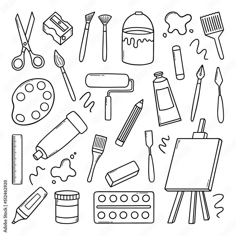 Hand drawn set of artist tools doodle. Art supplies in sketch style ...