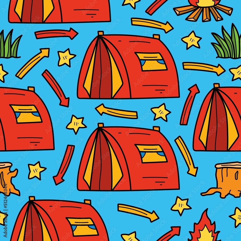 Camping doodle cartoon illustration pattern design Stock Vector | Adobe ...
