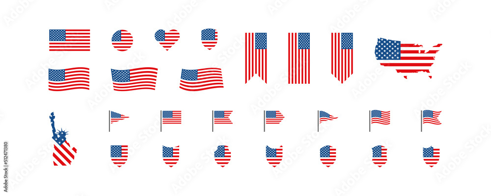 USA flag and map icon set. National symbol of the United States of ...
