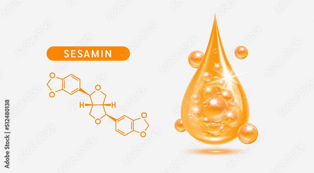 Sesamin drop and structure black sesame extract isolated on white ...
