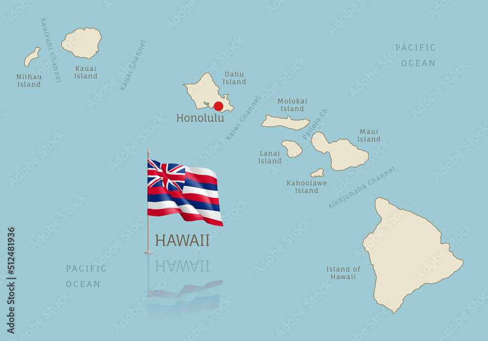 Map of Hawaii USA federal state with waving flag. Highly detailed ...