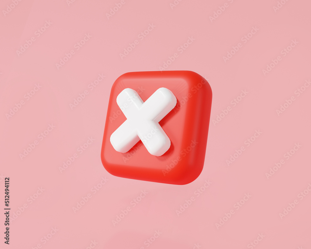 3d red wrong mark icon in a square isolated on pink background. Cross ...