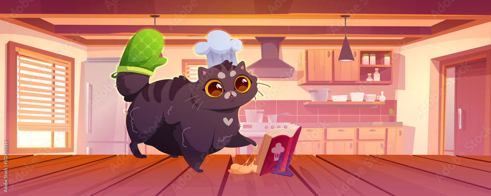 Funny cat cooking on kitchen interior. Cute kitten cartoon character ...