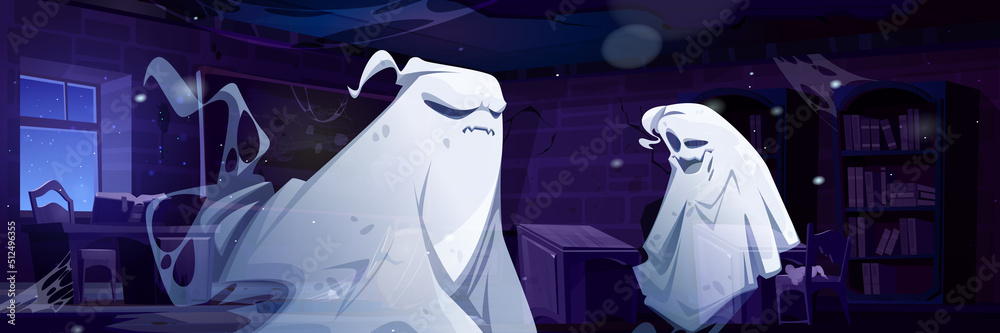Spooky ghosts in old magic school classroom at night. Halloween ...