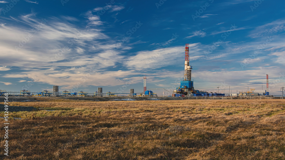 Oil and gas field in the Arctic. Spring. Drilling rig for drilling ...