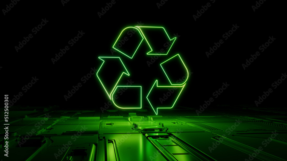 Green neon light recycle icon. Vibrant colored Eco technology symbol ...