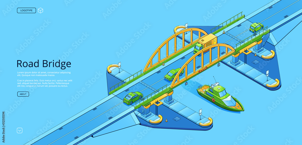 Road bridge isometric web banner with city infrastructure and transport ...