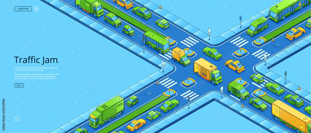Traffic jam isometric web banner, city crossroad with cars at rush hour ...