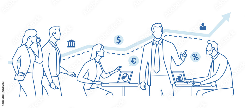 Team of five workers and rising business chart line. Line style ...