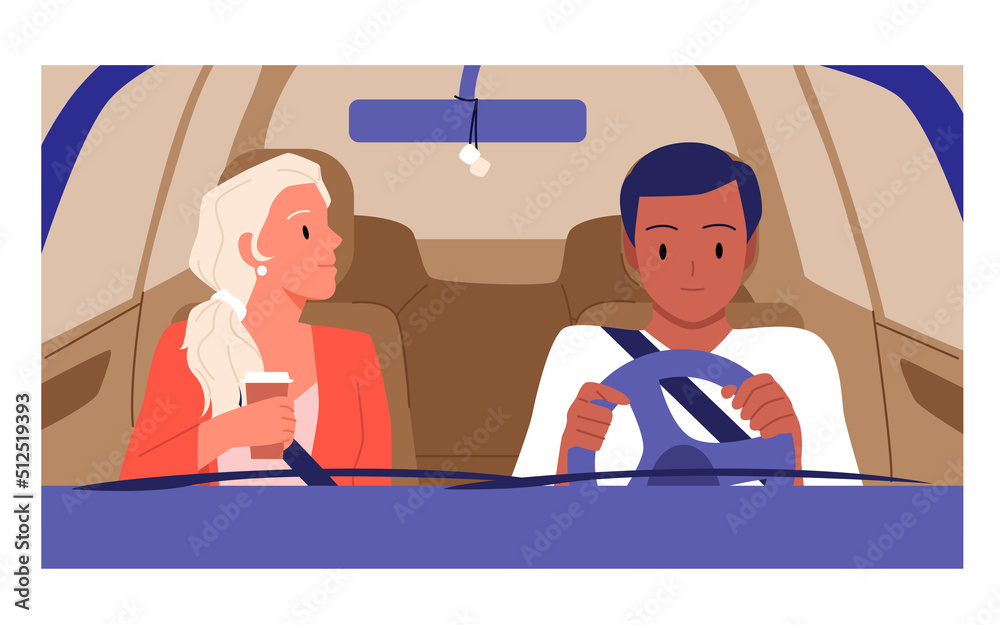 Couple travel by car together, front view of people through windshield ...