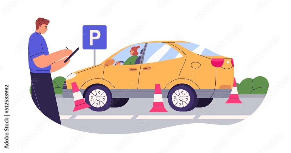 Driver beginner learning, studying behind steering wheel in car. Woman ...