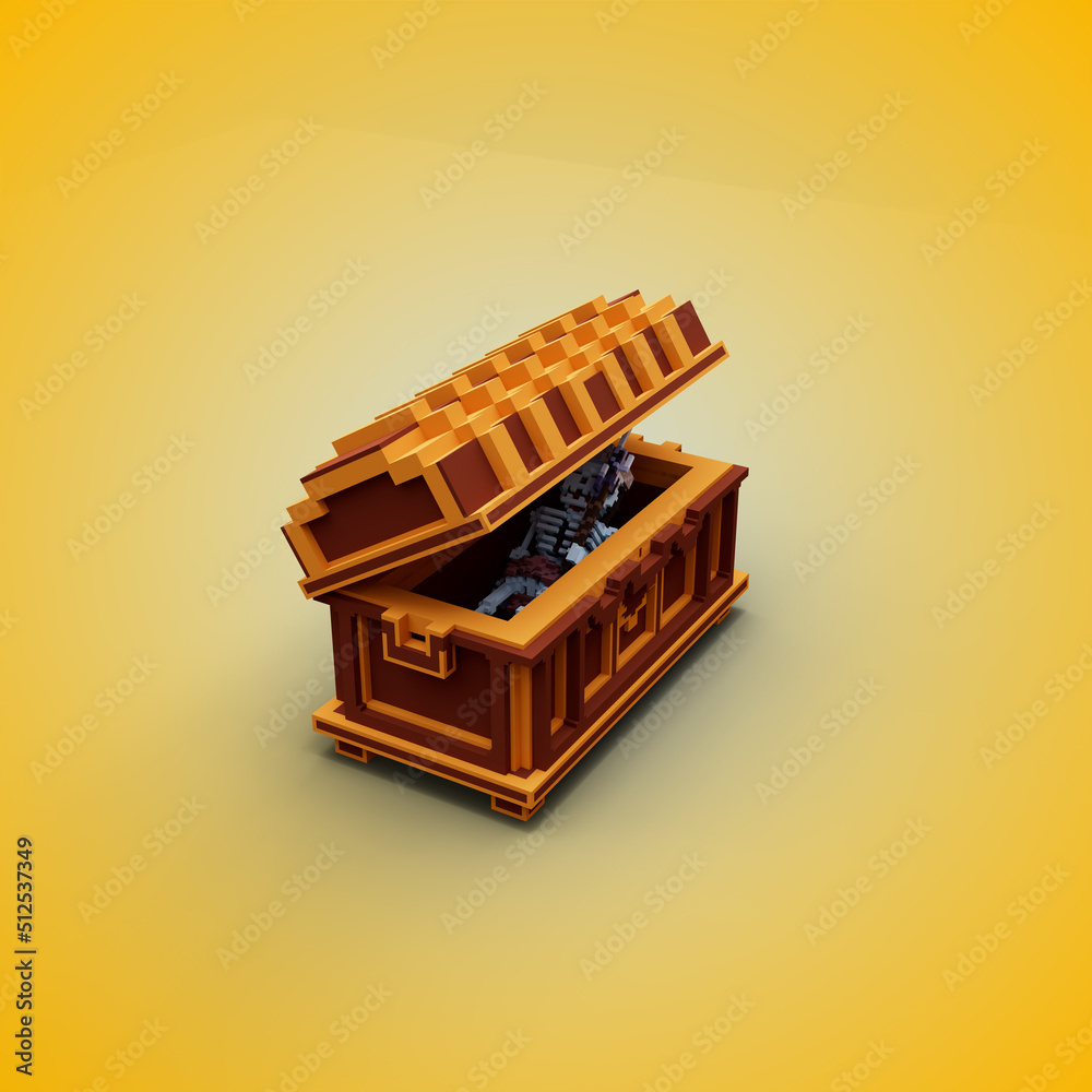 Side View 3D rendering of a voxel open coffin using a blue and brown ...