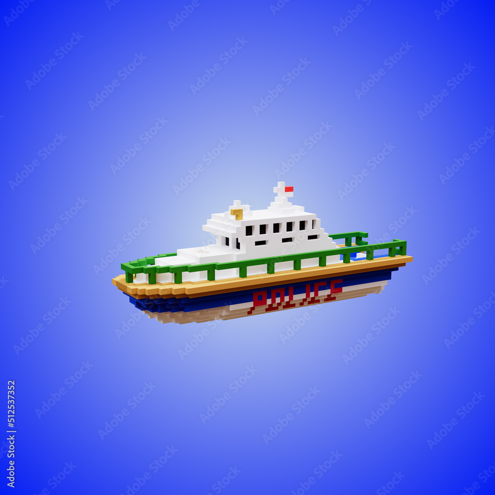 Side View 3D rendering of a voxel boat using a blue, brown, white, and ...