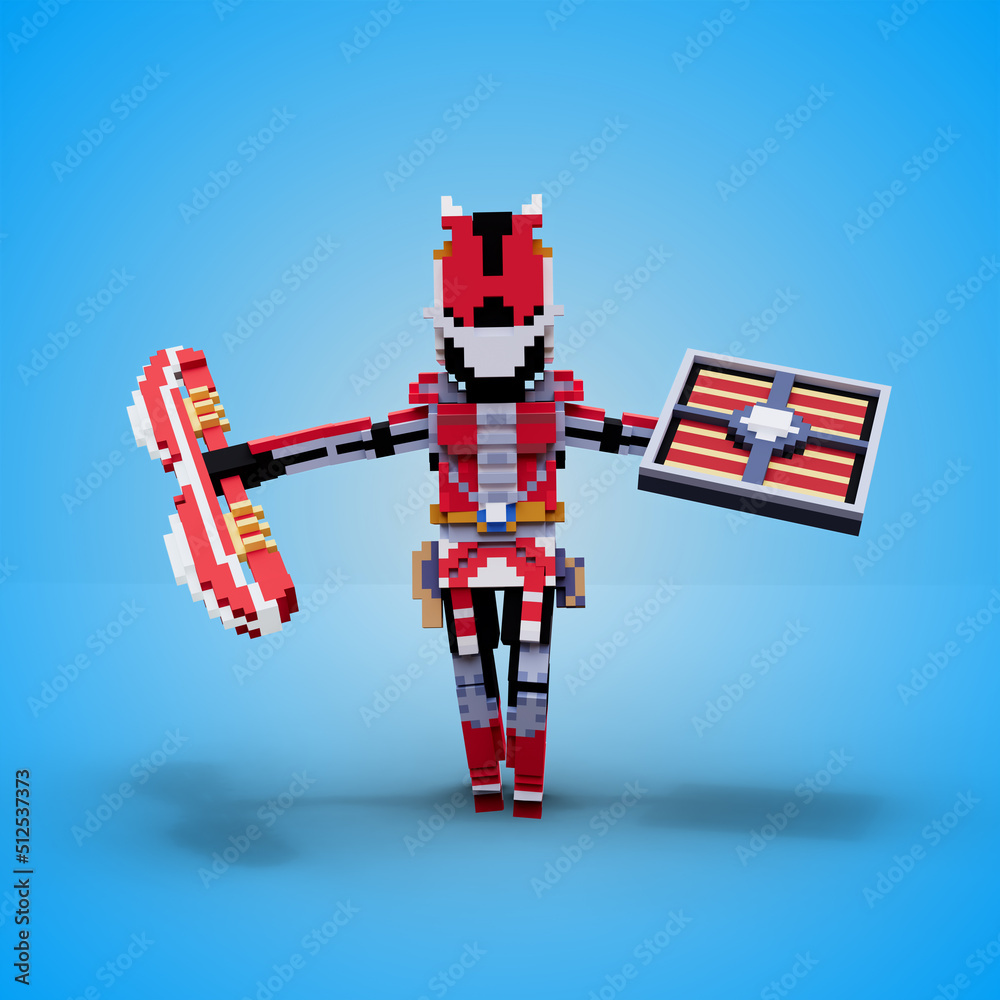 3D rendering of a red warrior using shield and sword. With a blue ...
